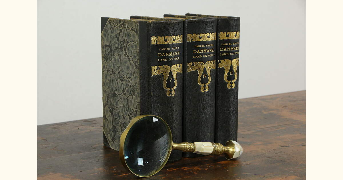 Leatherbound 3 Volume Danish History Book Set, Illustrated, 1919