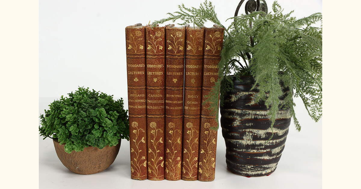 Set of 5 Gold Tooled Leather Bound Books, Stoddard's Lectures 1901-1909