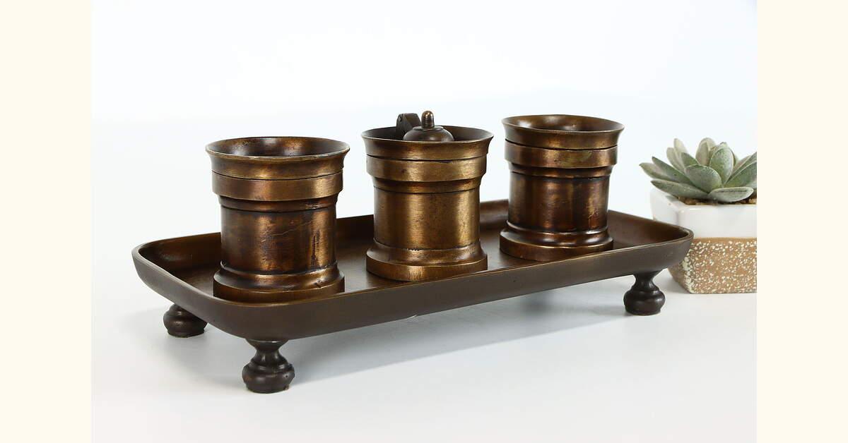 Japanese Antique Bronze Calligraphy Inkwells and Tray, 3 piece