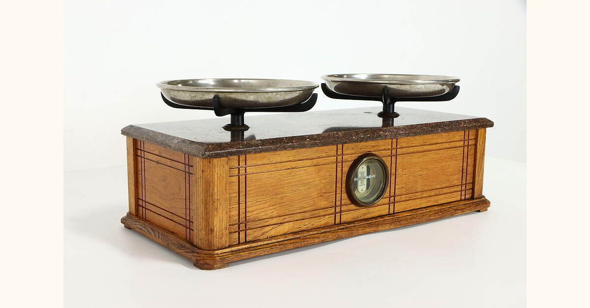 Industrial Antique Oak & Marble Top Balance Scale, Henry Troemner
