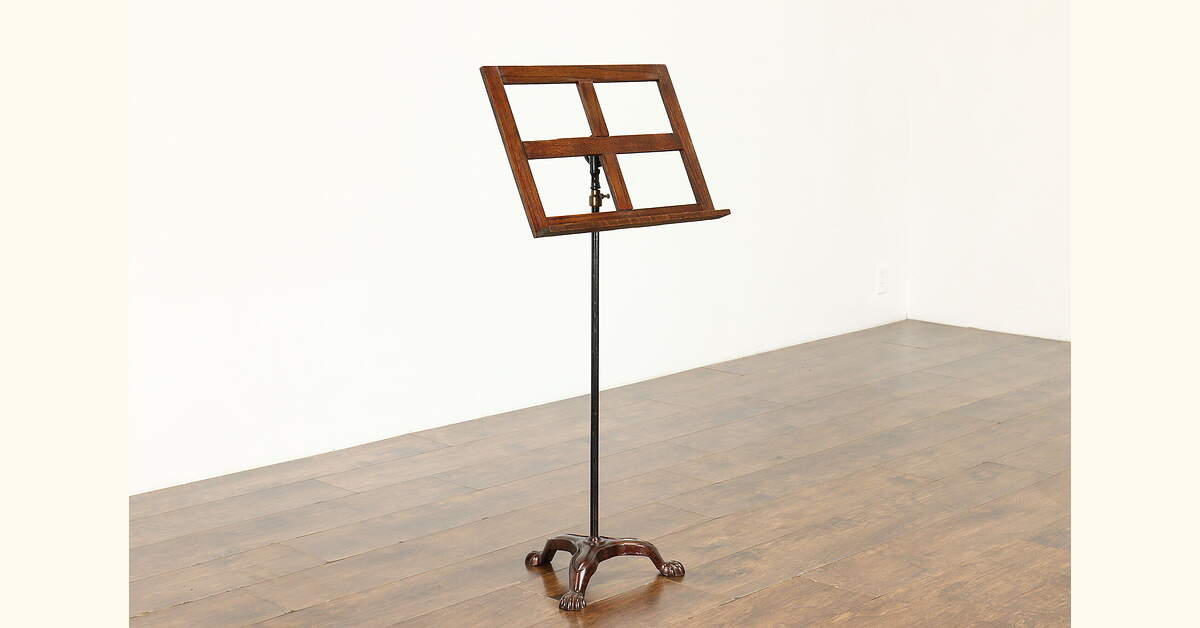 Craftsman Antique Oak Adjustable Music Stand, Iron Paw Foot Base