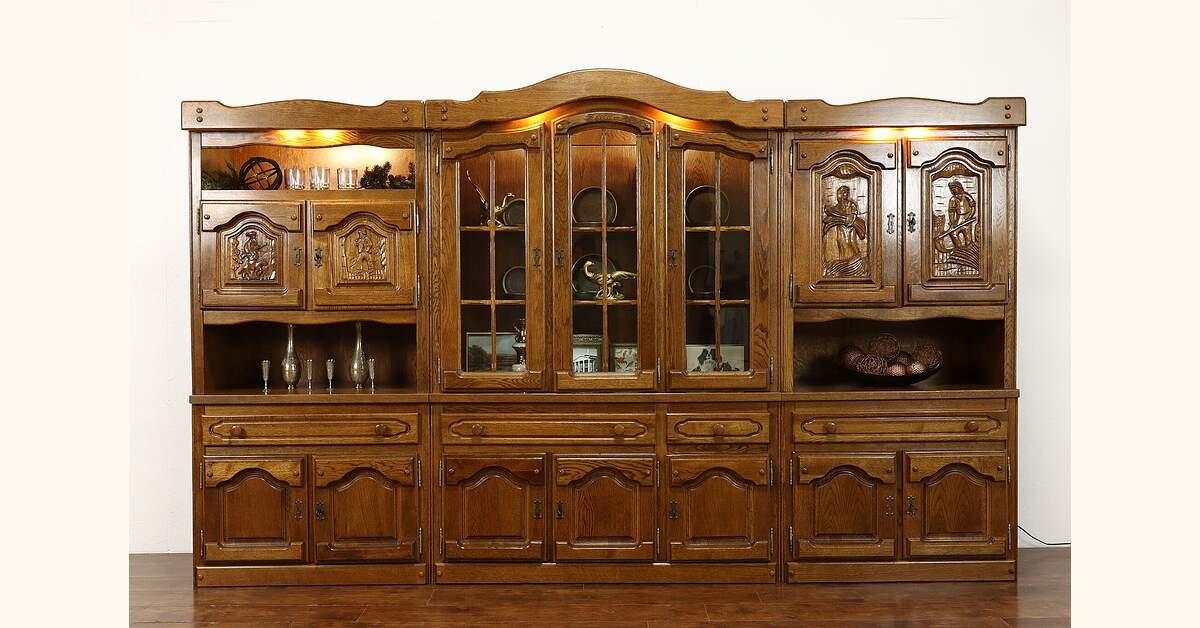 Oak 11' Vintage German Wall Unit, Cabinet, Bar & Bookcase, Carved Scenes