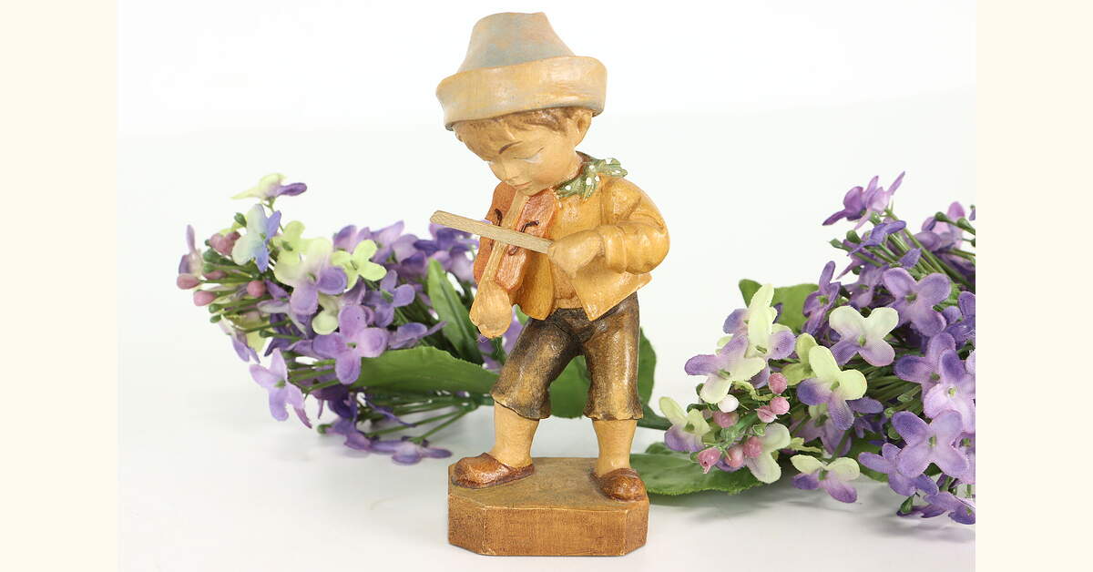 Hand Carved Vintage Alpine Young Boy Playing Fiddle Sculpture