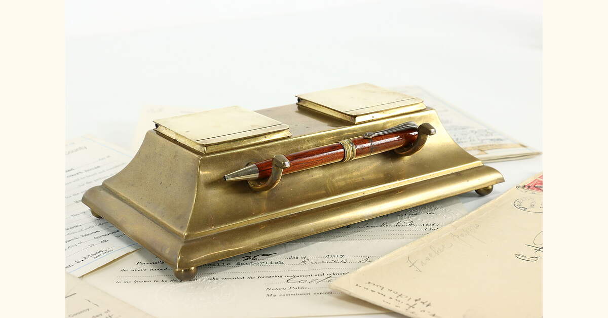 Brass Antique Double Inkwell & Pen Holder, Bradley & Hubbard