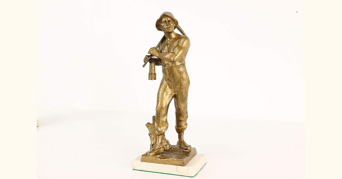 Miner with Pickaxe Statue Antique German Sculpture on Marble Base