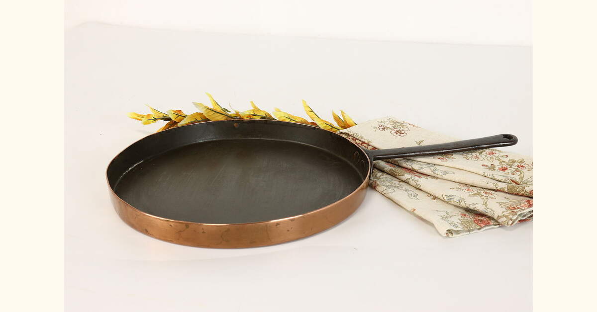 Farmhouse Vintage French Copper Crepe or Sauté Pan, Iron Handle