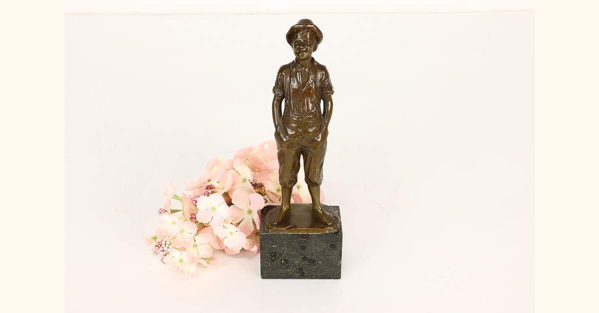 Bronze Sculpture Young Farm Boy Antique Statue on Marble Base, Tuckoff