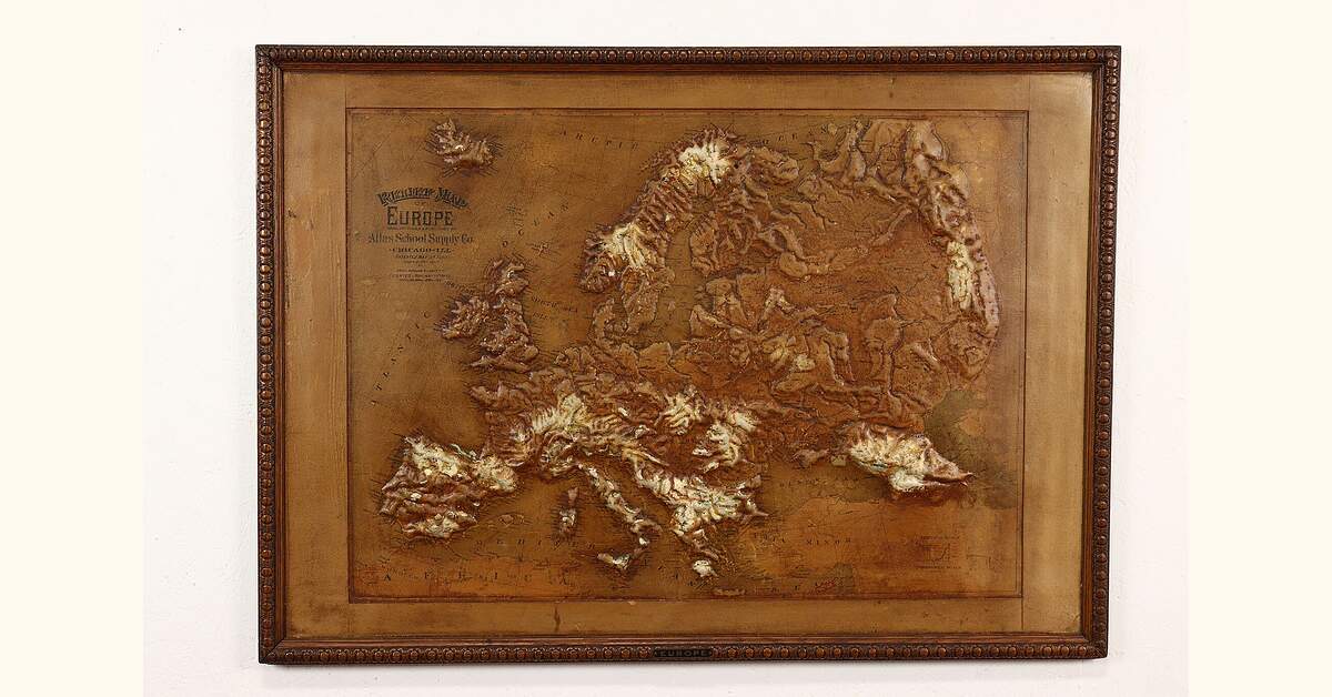 Relief Map of Europe Antique 1907 Wall Map, Atlas School Supply 48"