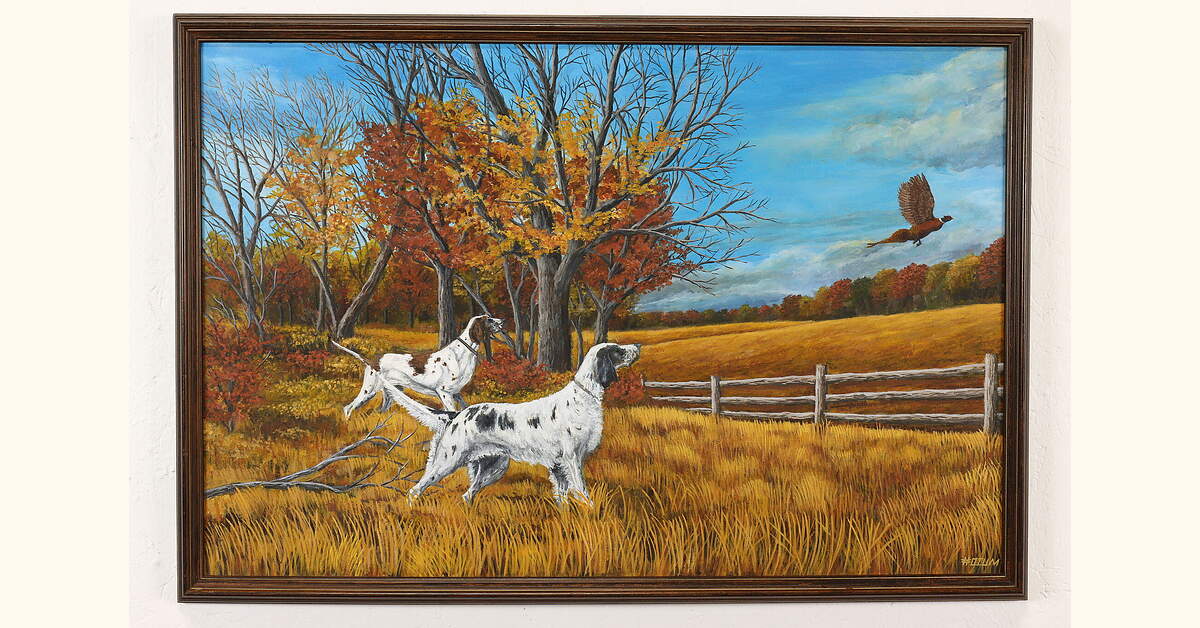 Hunting Dogs & Pheasant Vintage Original Oil Painting Otum 38.5"