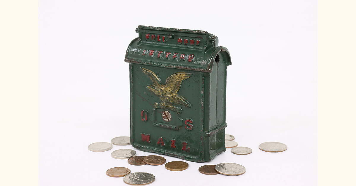 Cast Iron Antique US Mail Mailbox Coin Bank, Original Paint