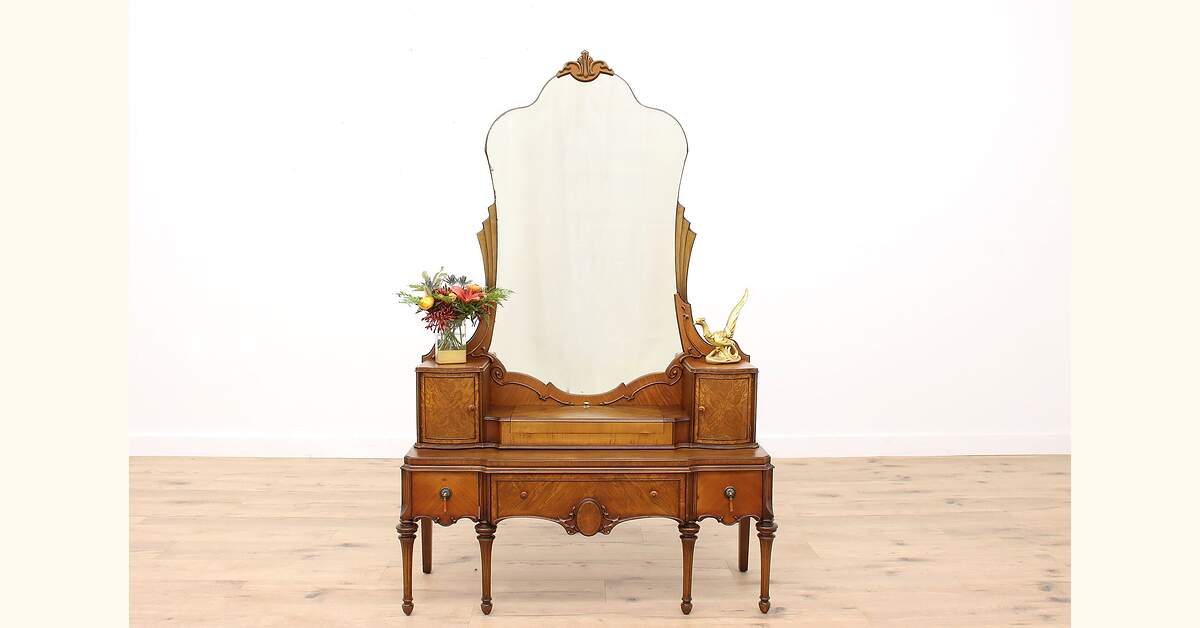 Tudor Style Antique Walnut & Satinwood Vanity & Mirror, Williamsport