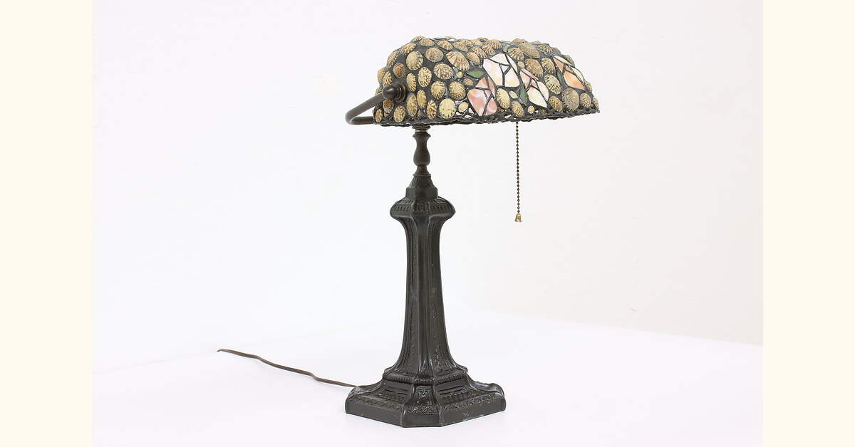 Stained Glass & Shell Shade Vintage Desk Lamp