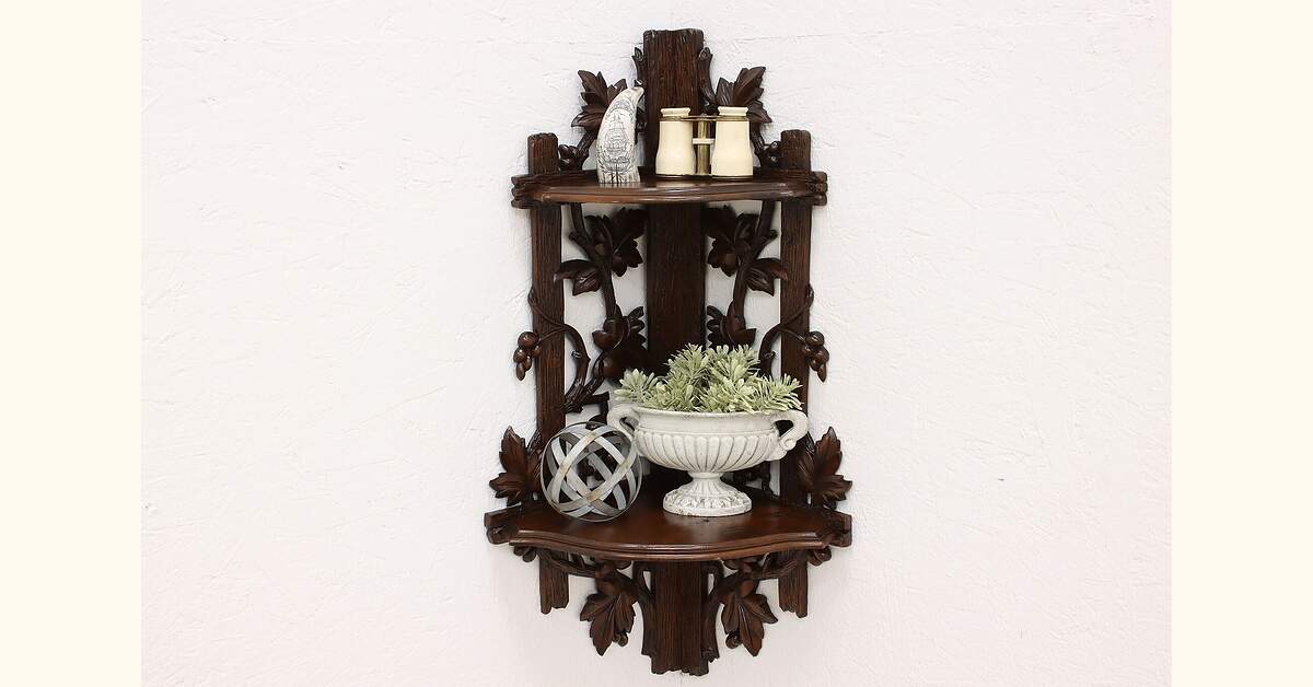 Black Forest Antique Walnut Corner Shelf, Hand Carved Grapevines