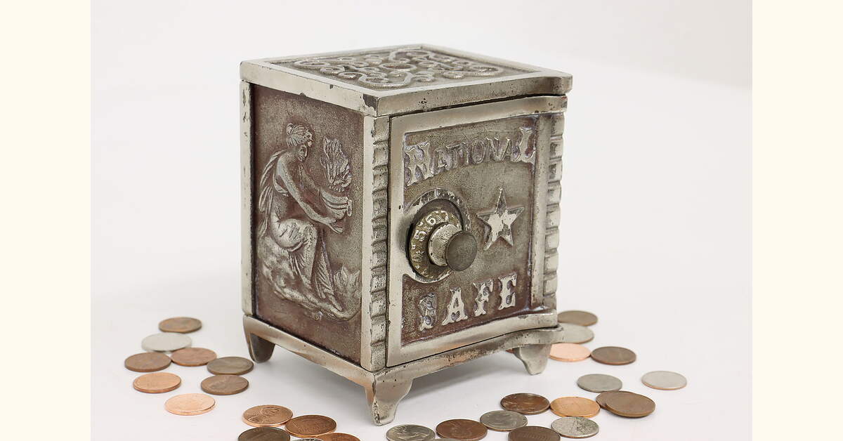 Victorian Cast Iron Antique Combination Safe Coin Bank, National