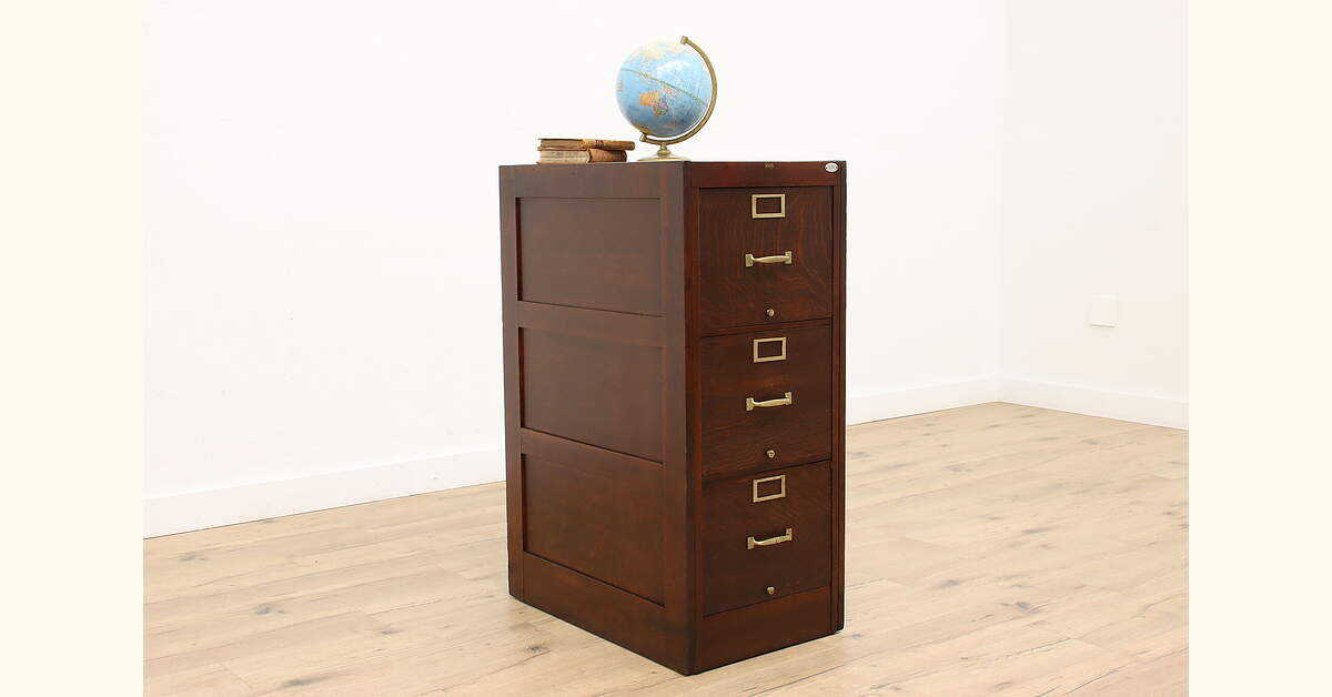 Oak 3 Drawer Antique Office or Library File Cabinet, Globe