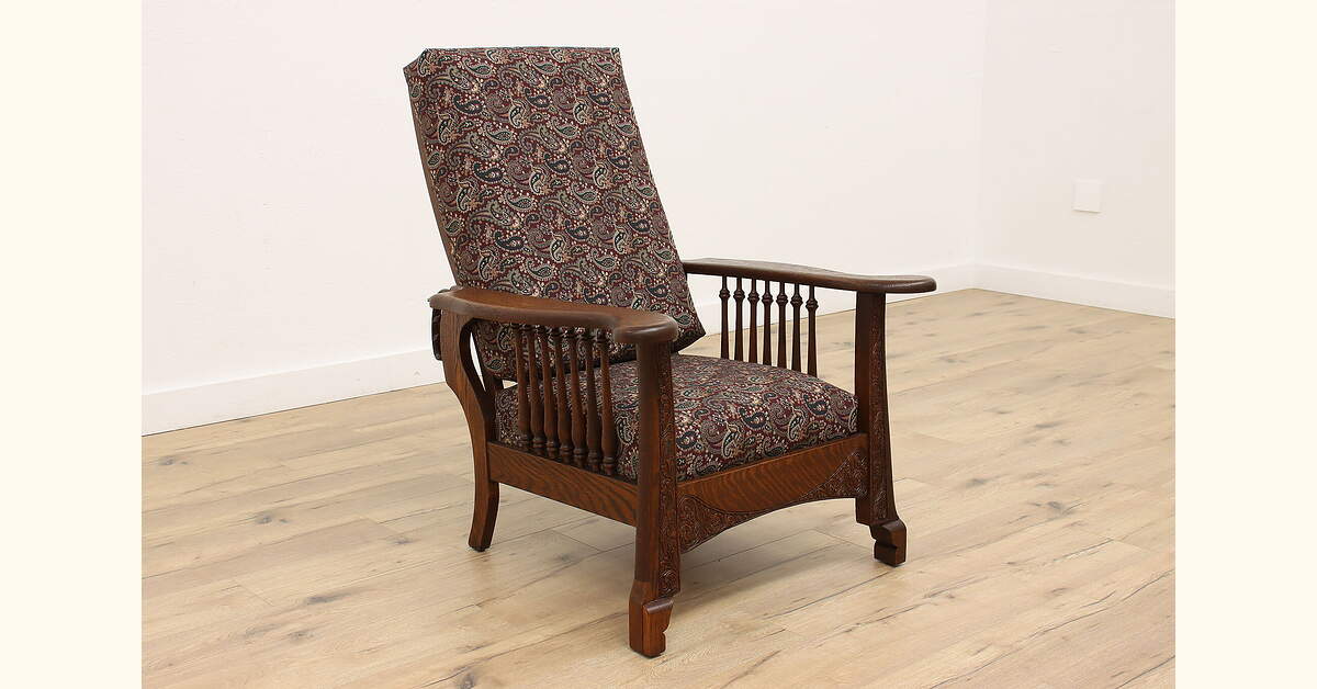 Victorian Antique Carved Oak Morris Recliner Chair, New Upholstery