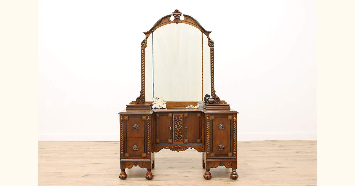 Tudor Design Antique Carved Walnut Vanity or Dressing Table & Mirror