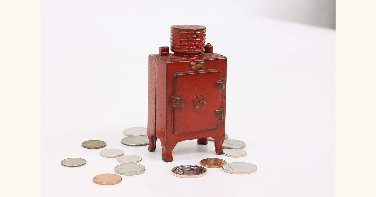 Ice Box Refrigerator Design Cast Iron Coin Bank, GE