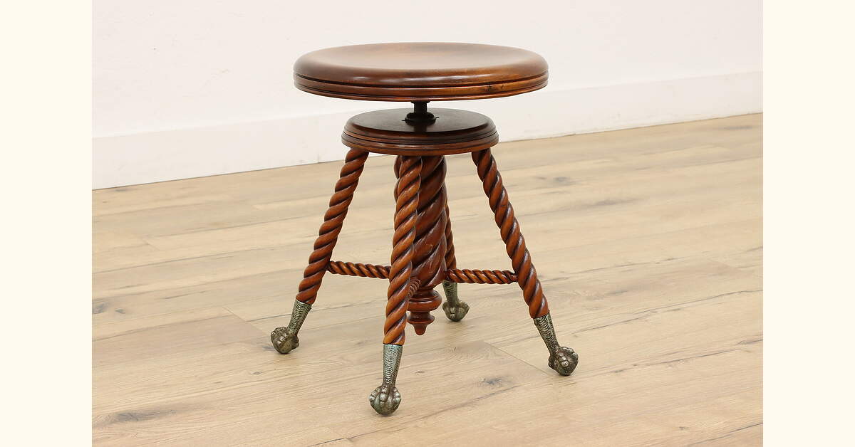 Victorian Antique Adjustable Swivel Piano Organ Stool, Rope Twist Legs