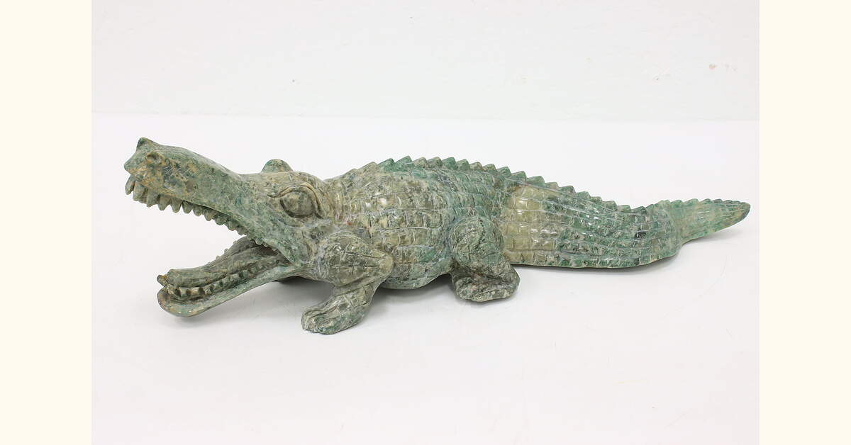 Carved Jade Vintage Asian 20" Crocodile Sculpture