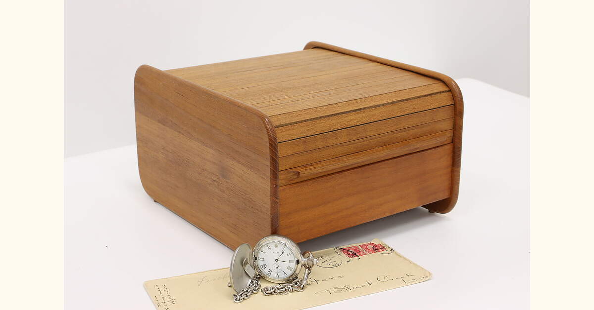 Midcentury Modern Vintage Teak Desktop Index File, Roll Top, Teak-Tech