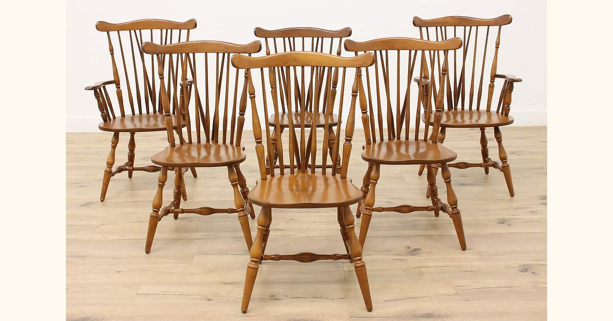 Set of 6 Windsor Vintage Birch Farmhouse Dining Chairs, Heywood Wakefield