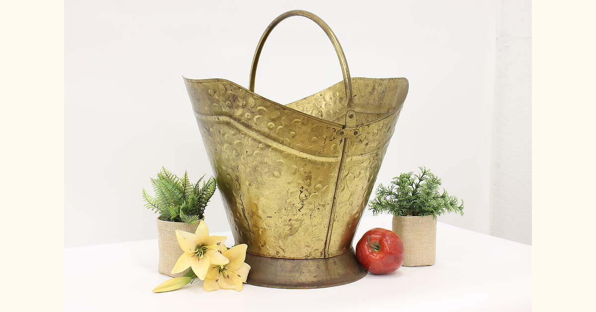 Farmhouse Brass Plated Antique Fireplace Coal or Kindling Hod or Scuttle