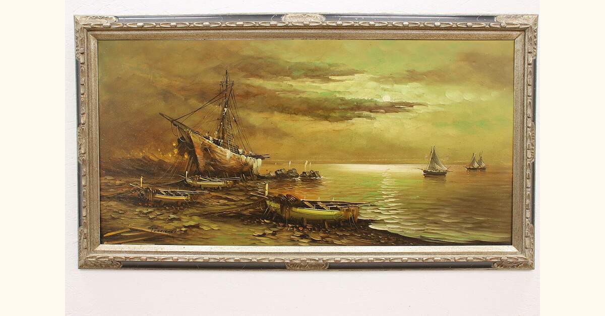 Antique Oil Painting of Moonlit Ocean and Ship, Torrielli, 54"
