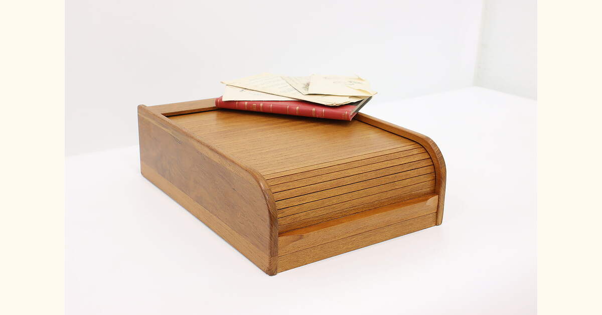 Midcentury Modern Vintage Teak Desktop Index File, Roll Top