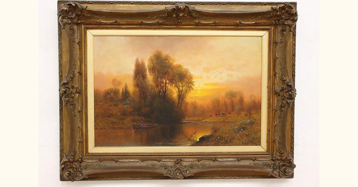 Victorian River Sunset Scene Original Antique Oil Painting, Felix 41"