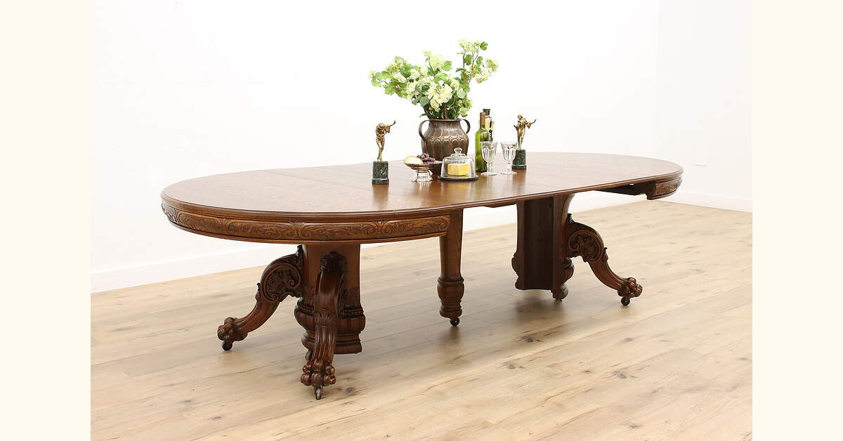 Victorian Antique 5' Round Oak Dining Table, Paw Feet, Extends almost 14'