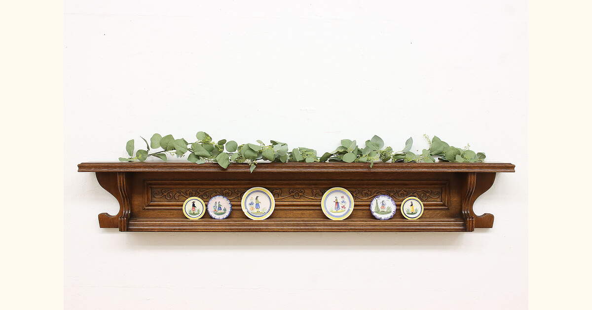Scandinavian Antique Oak Wall Shelf or Mantel, Plate Grooves