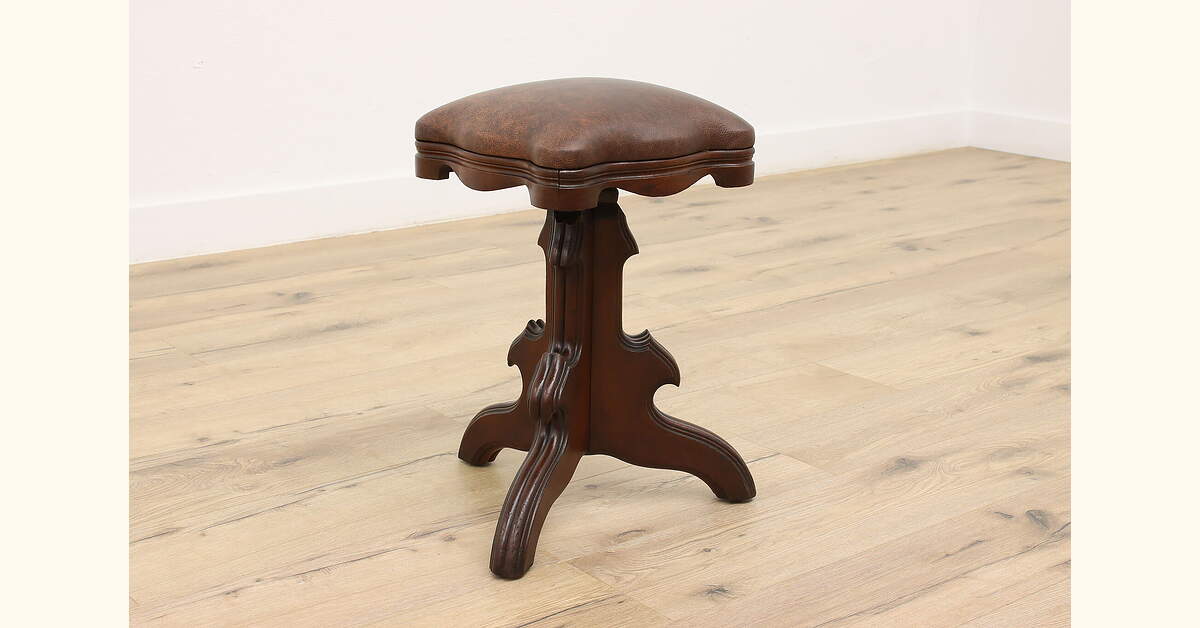 Victorian Antique Swivel Piano Organ Stool Leather Seat