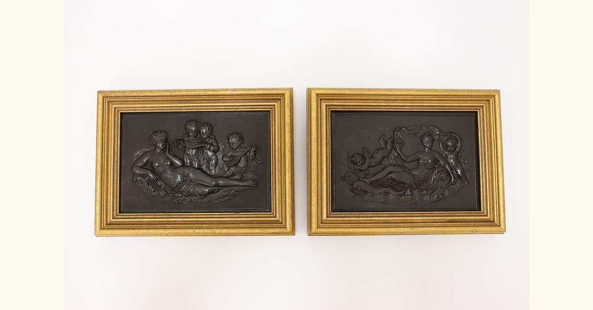 Pair of Antique European Panels with Greek Women & Cherubs