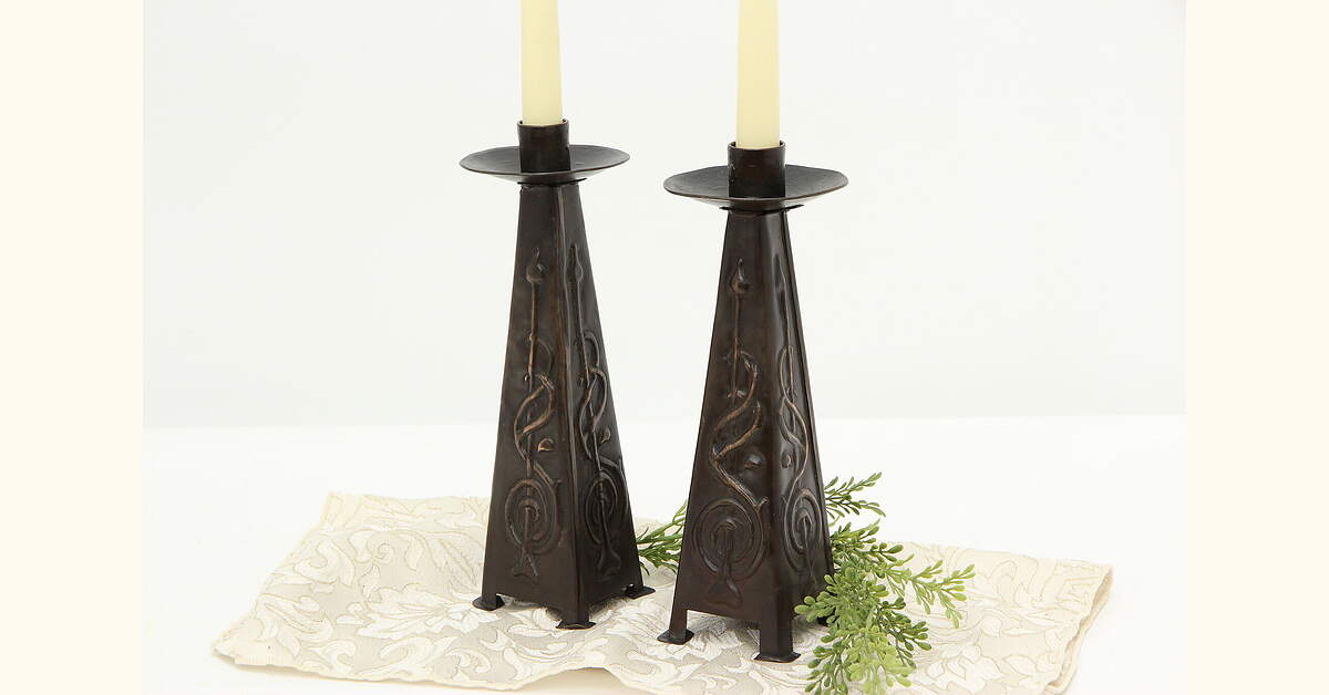 Pair of Arts & Crafts Antique Hammered Copper Candlesticks