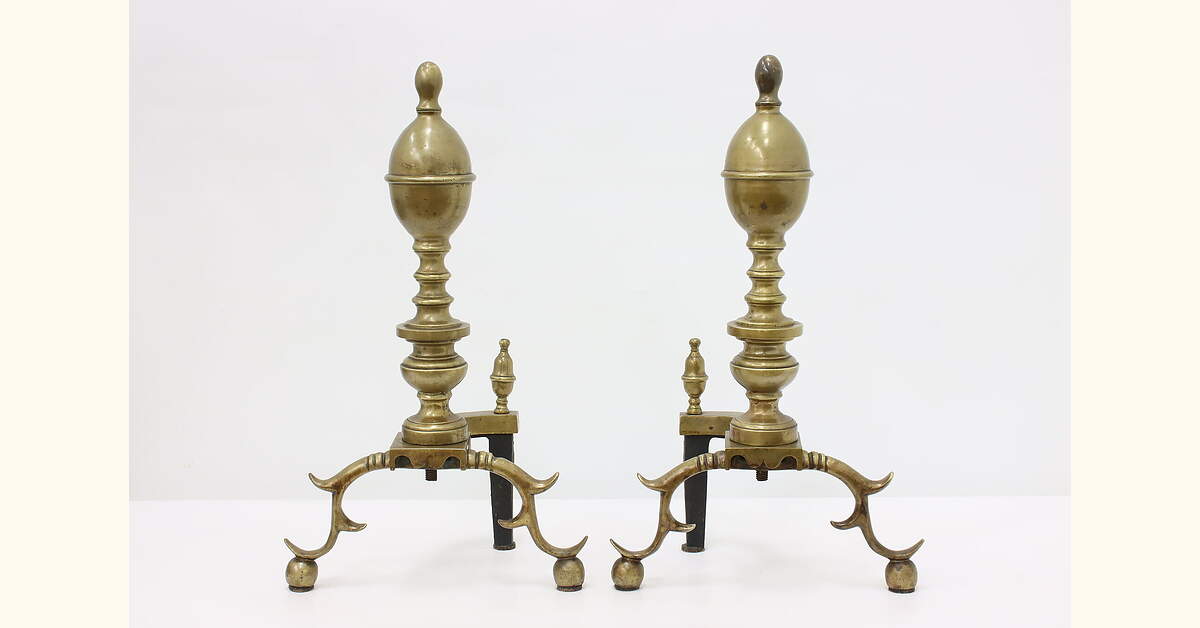 Pair of Georgian Antique Brass Fireplace Andirons Marvin