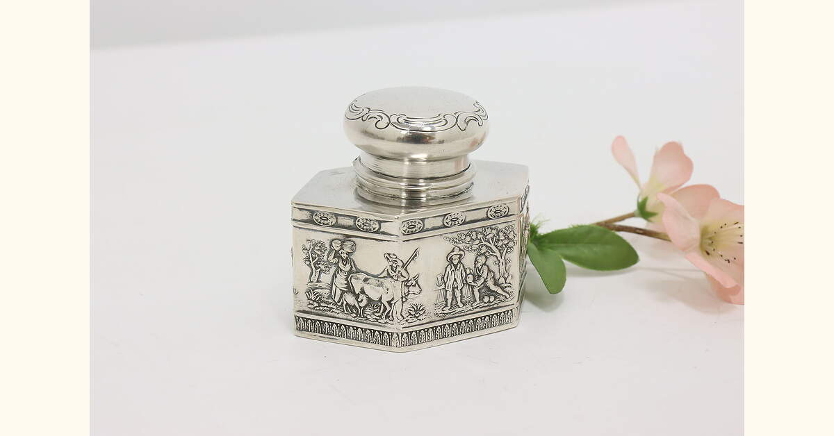 Classical Antique Silver Inkwell with Farm Scenes