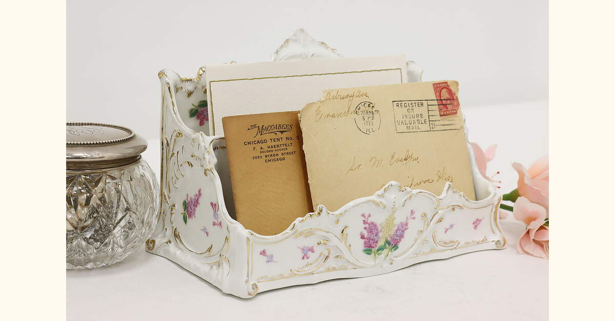 Victorian Antique Painted Porcelain Letter Holder Germany