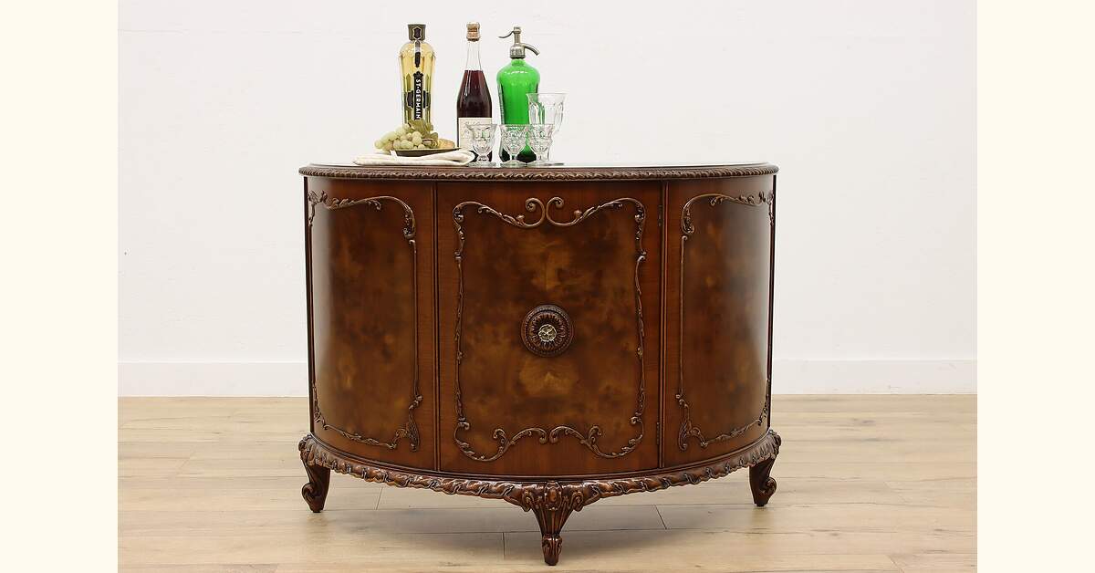 Louis XV De Gaulle Vintage Burl Demilune Console Romweber