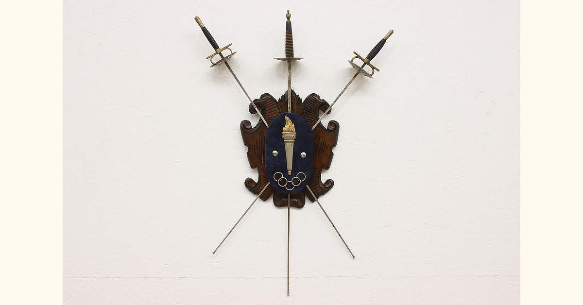 Olympic Antique Fencing Wall Trophy, Shield & Swords