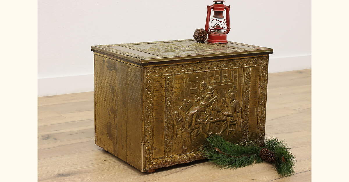 Farmhouse Antique Brass Clad Chest or Fireplace Kindling Box