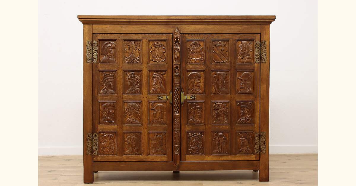 Gothic Antique Oak Armoire Closet Wardrobe, Carved Knights