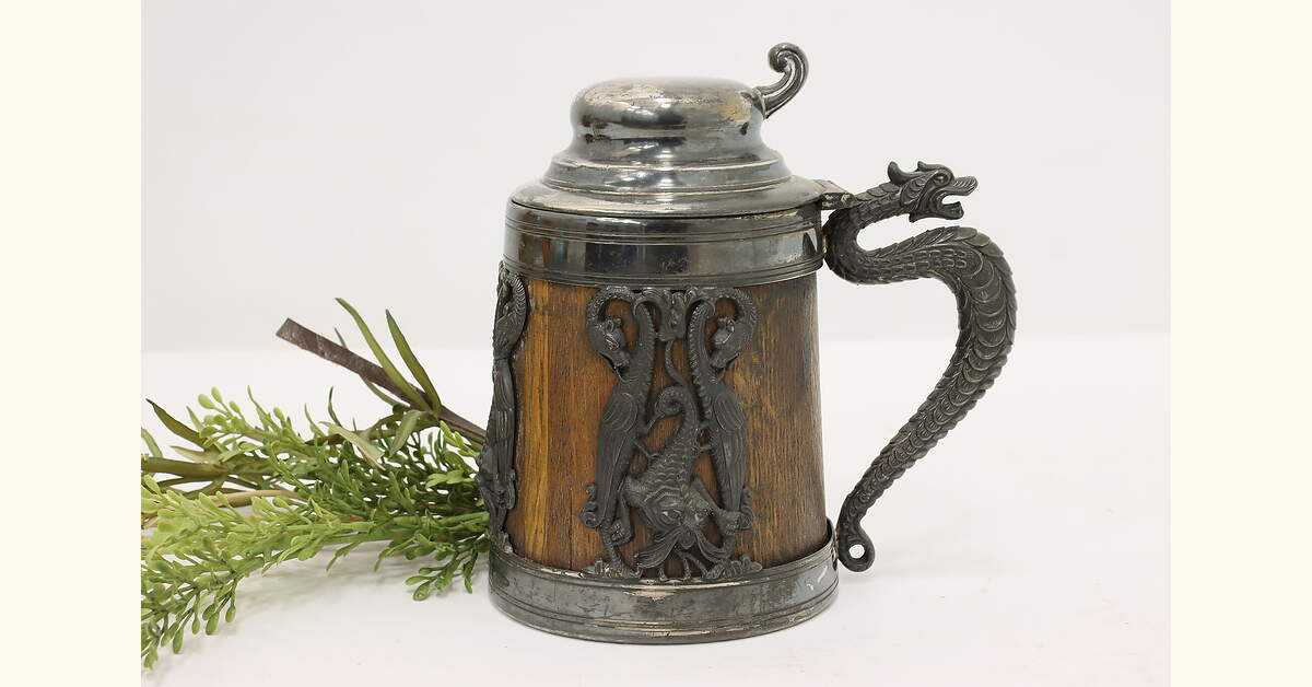 Dragons Antique Silverplate & Oak Beer Stein, St. Louis