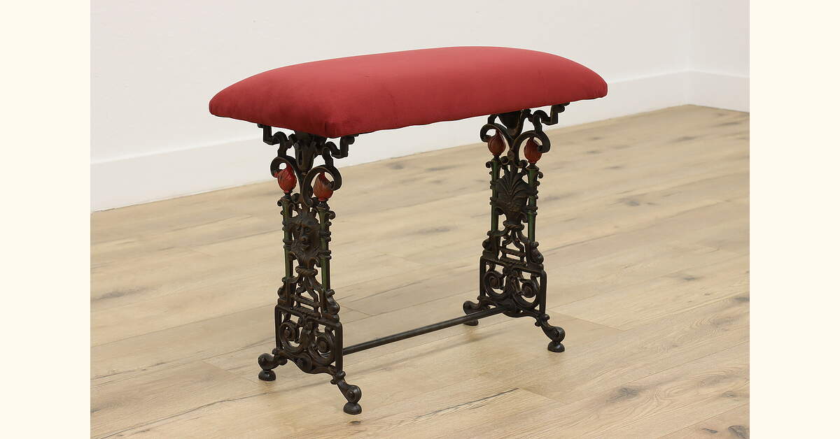 Victorian Antique Cast Iron Footstool or Hall Bench, Torches