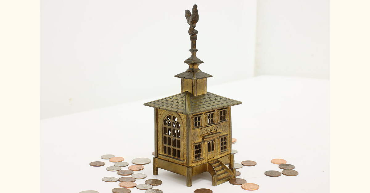 Farmhouse Antique Cast Brass French Caisse Coin Bank Rooster