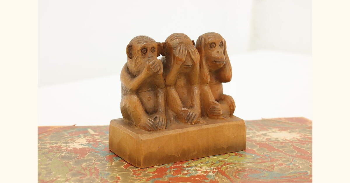 Three Wise Monkeys Vintage Hand Carved Wood Sculpture