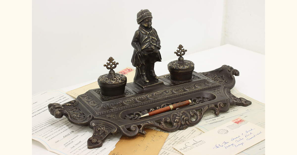 Victorian Antique Bronze Double Inkwell, Boy Sculpture