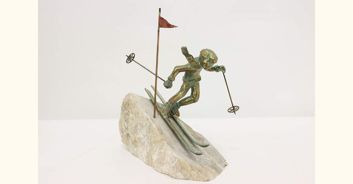 Patinated Brass Skier Vintage Sculpture on Rock Base