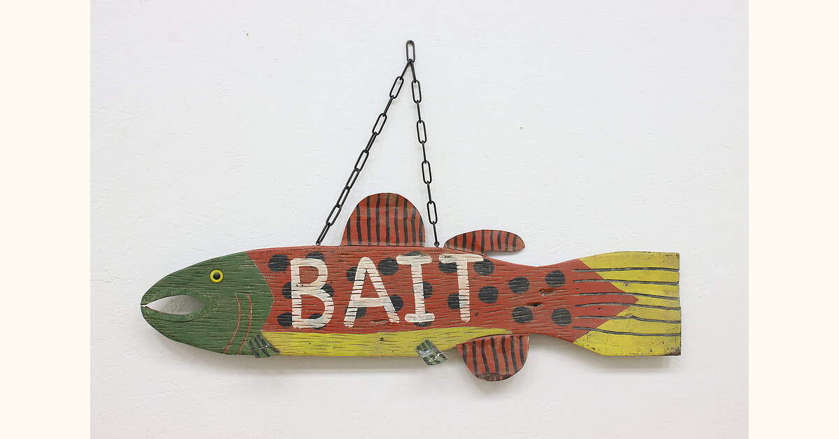 Farmhouse Vintage Folk Art Carved & Painted Fish Bait Sign
