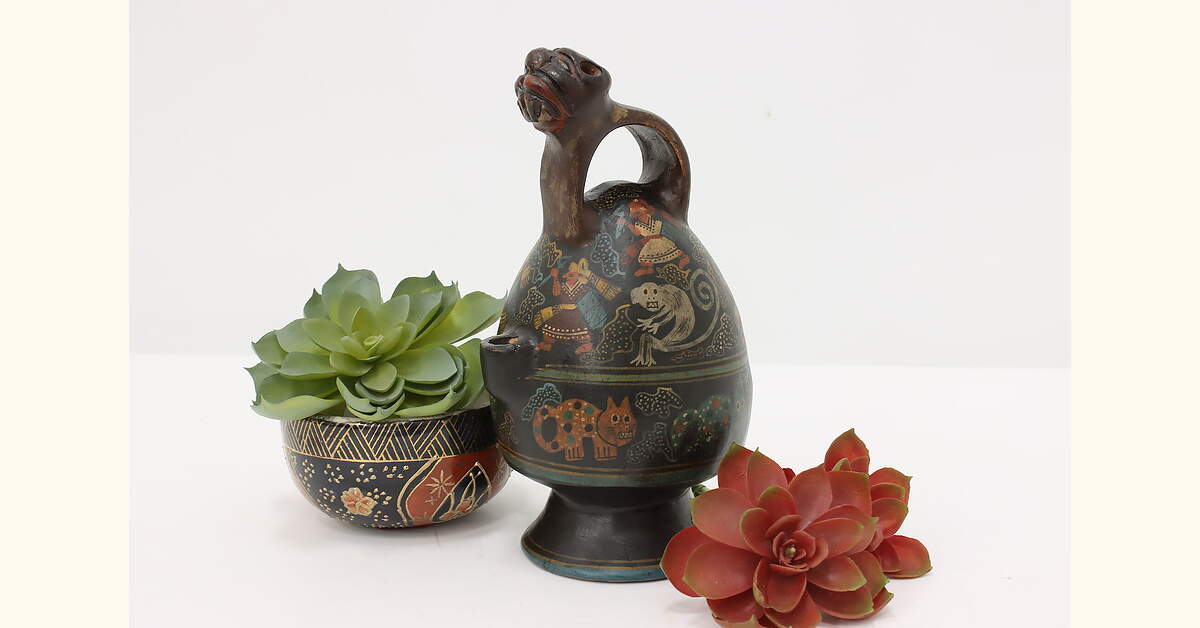 Hand Painted Pottery Vintage Jug w/ Figures